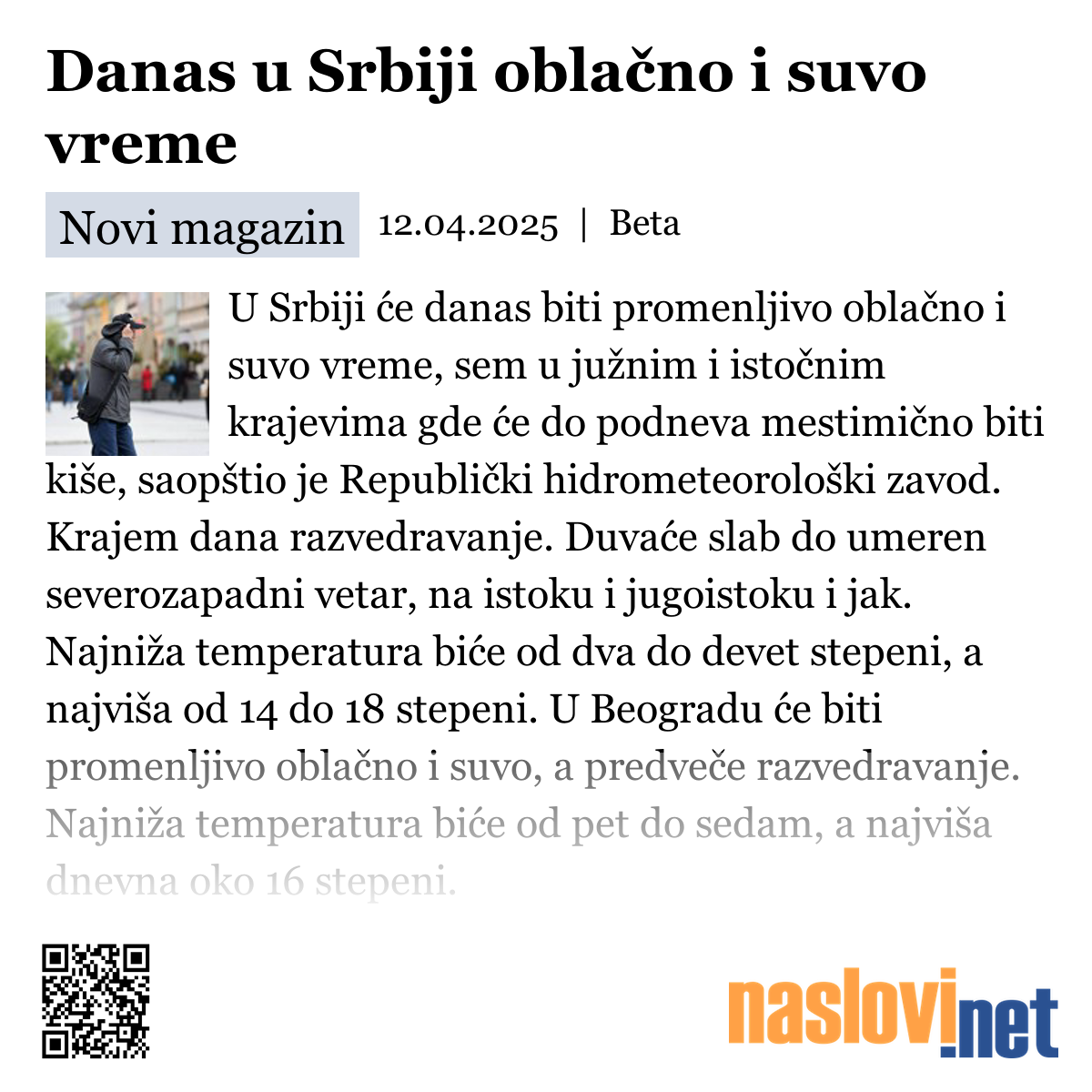 Danas u Srbiji oblačno i suvo vreme - Naslovi.net Danas u Srbiji oblačno i suvo vreme - Naslovi.net
