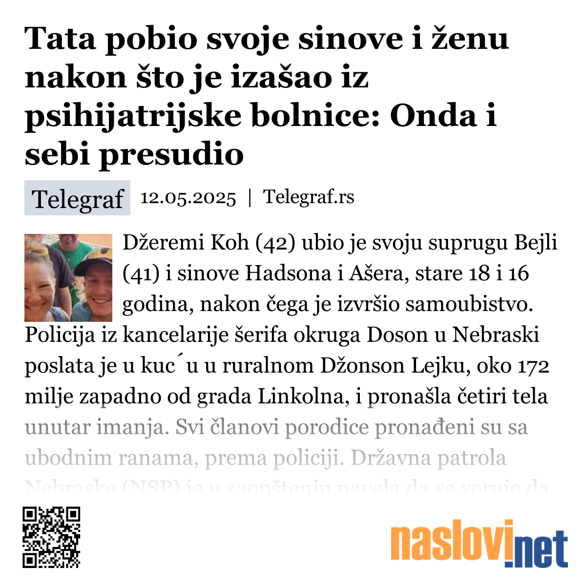 Tata pobio svoje sinove i ženu nakon što je izašao iz psihijatrijske ... Tata pobio svoje sinove i ženu nakon što je izašao iz psihijatrijske ...